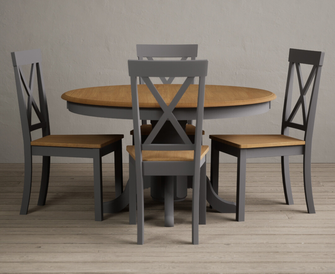 Hertford 120cm Oak and Mid Grey Painted Round Pedestal Table with 4 ...