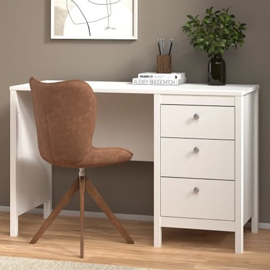 Macron Wooden Computer Desk With 3 Drawers In White - Furniture Sale UK